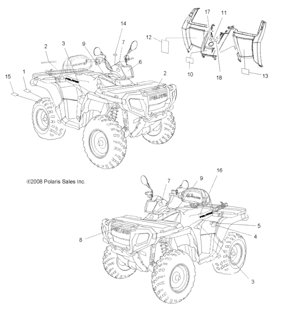 Наклейки для Polaris SPORTSMAN 500 EFI TRACTOR, год: 2009. OEM запчасти ...
